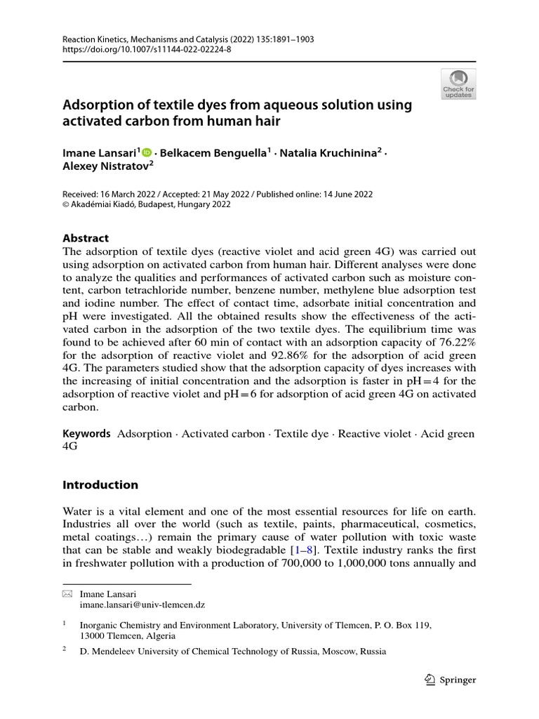 Adsorption of Textile Dyes From Aqueous Solution Using Activated Carbon From Human Hair | PDF ...