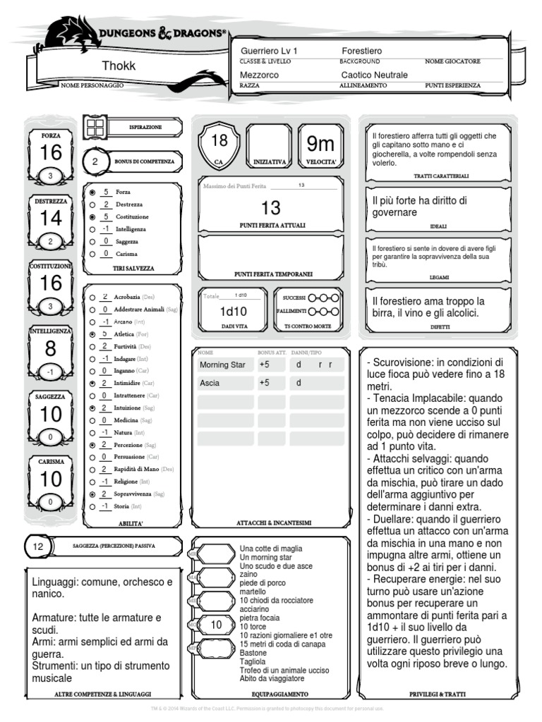 DD 5e Scheda Personaggio Guerriero Thokk | PDF
