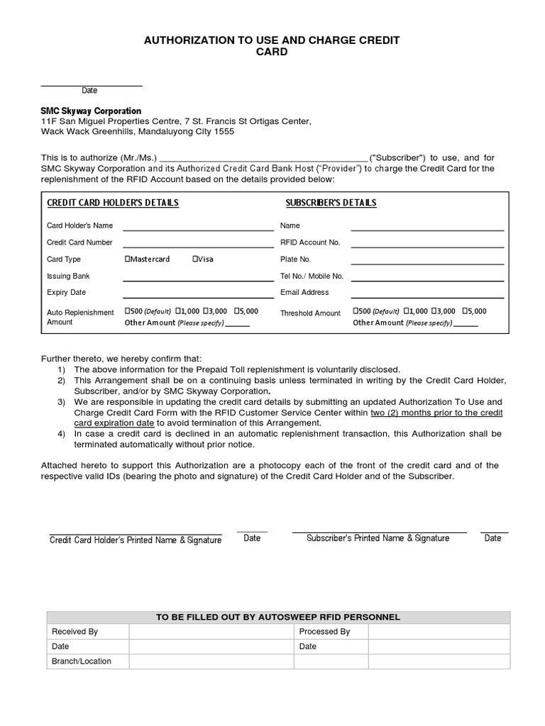 Authorization To Use and Charge Credit Card: SMC Skyway Corporation ...