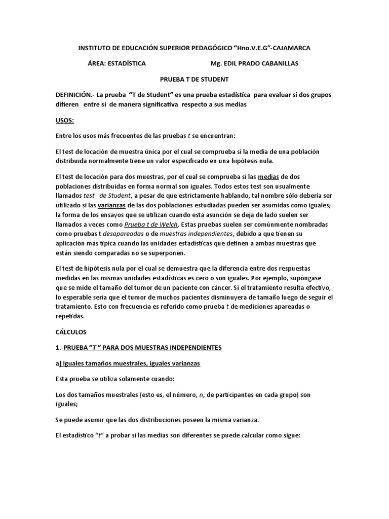 Prueba T de Student Teoría Ejemplos | PDF | Prueba T de Student ...