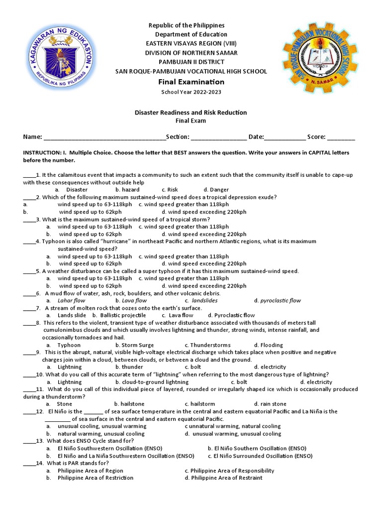 Final Exam DRRR | Download Free PDF | Flood | Tropical Cyclones