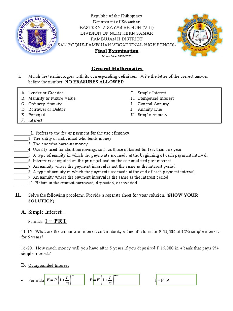 General Mathematics Final Exam | PDF | Interest | Compound Interest