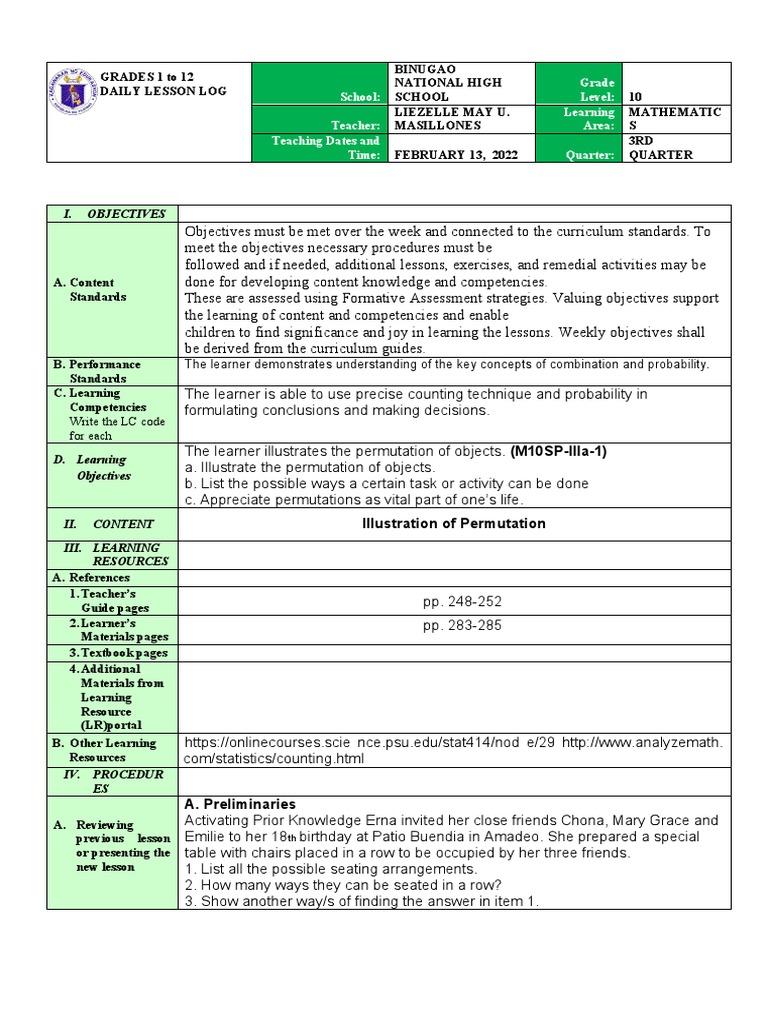 Math 10 DLL Week 1 | PDF | Learning | Permutation
