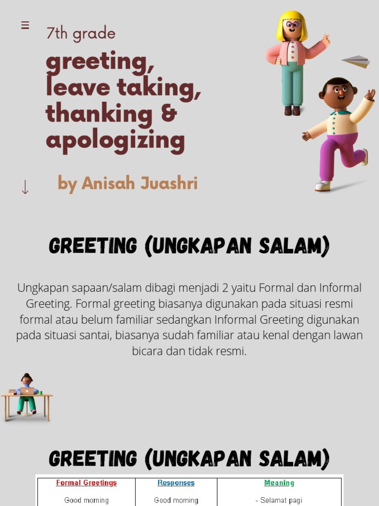 7th Grade - Greeting, Leave Taking, Thanking & Apologizing | PDF