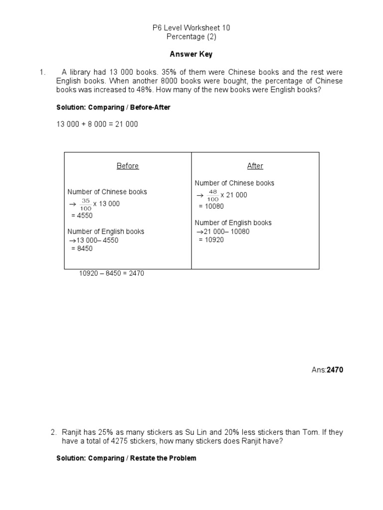 P6 Percentage Word Problems Worksheet | PDF