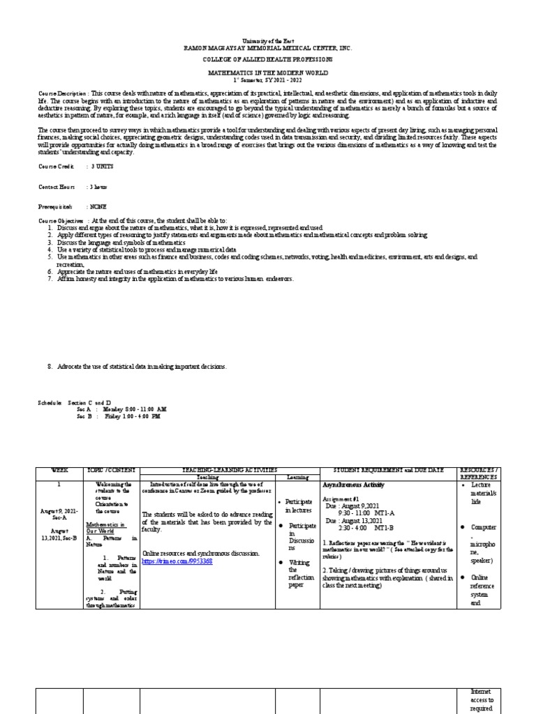 CAHP 2021 - 2022 Mathematics in The Modern World Weekly Schedule | PDF ...