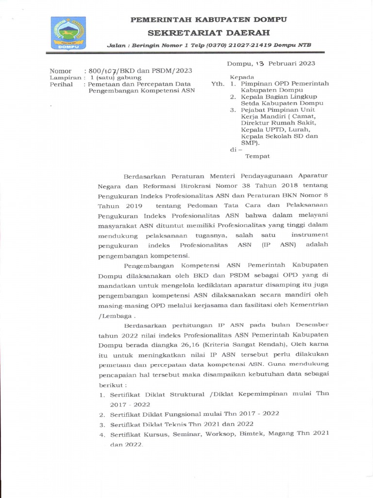 Surat Pemetaan Dan Penetapan Data Diklat ASN | PDF