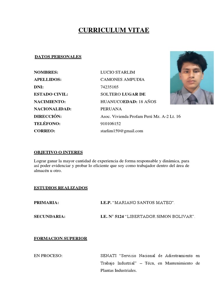 Curriculum Vitae de Lucio Starlim Camones | PDF | Crecimiento personal ...