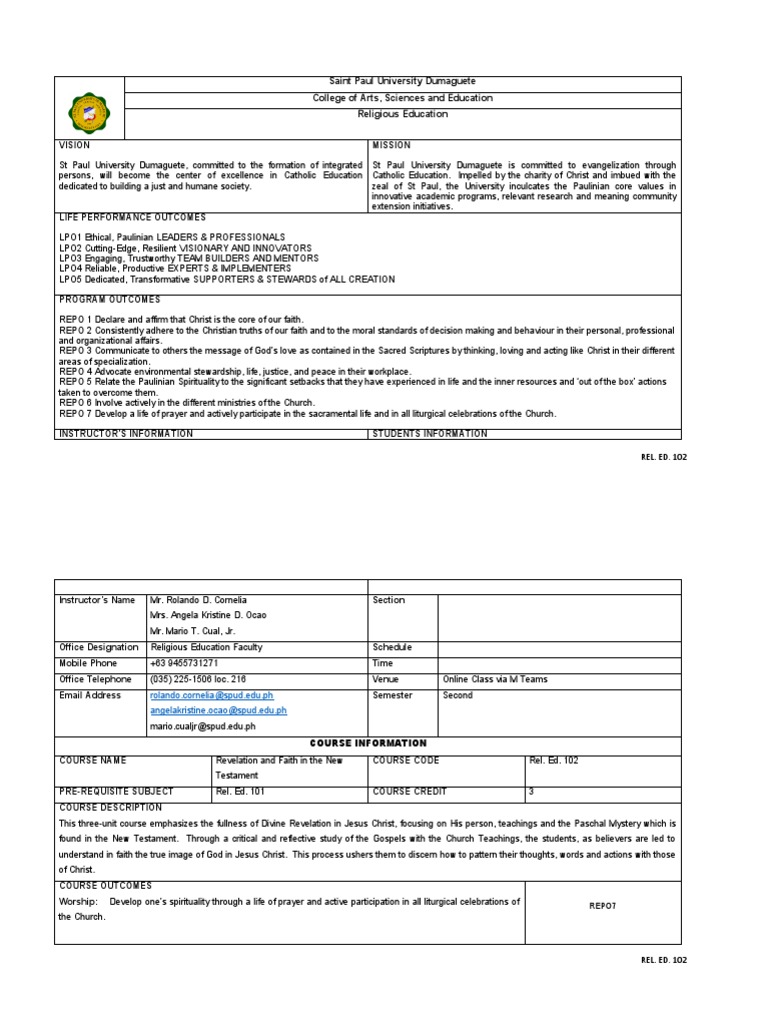 Learning Plan-Rel Ed 102final | PDF | Jesus | Catholic Church