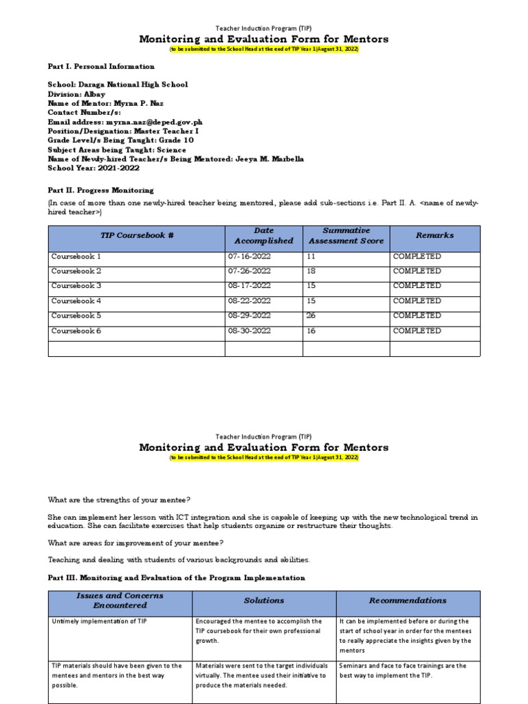 Mentor Evaluation for TIP | PDF | Mentorship | Teachers