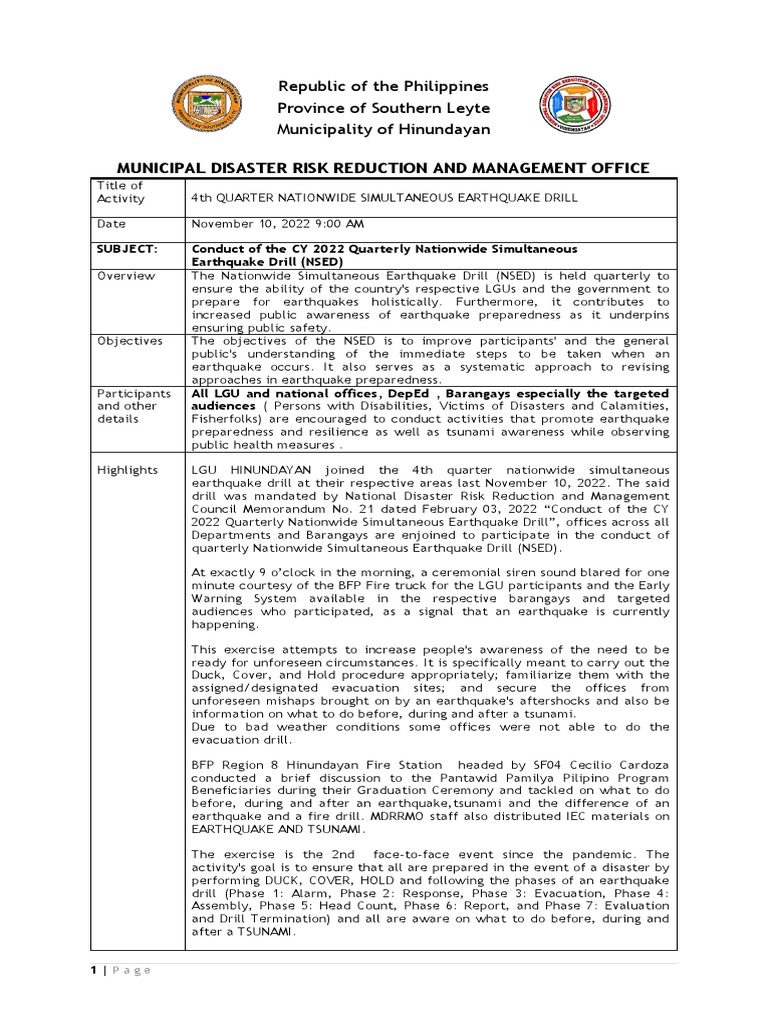 Post Activity Report Nsed 4th Quarter 2022 | PDF | Emergency Management ...