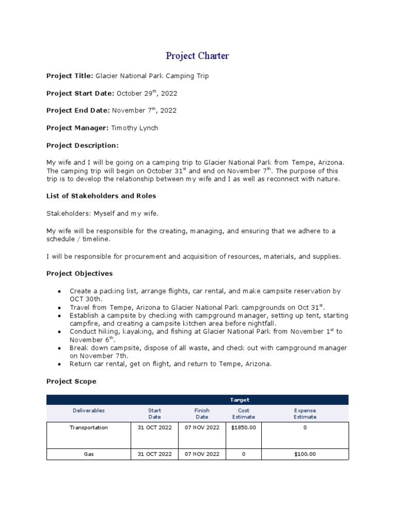 Event Planning Assignment Timothy Lynch Charter | PDF | Campsite | Camping