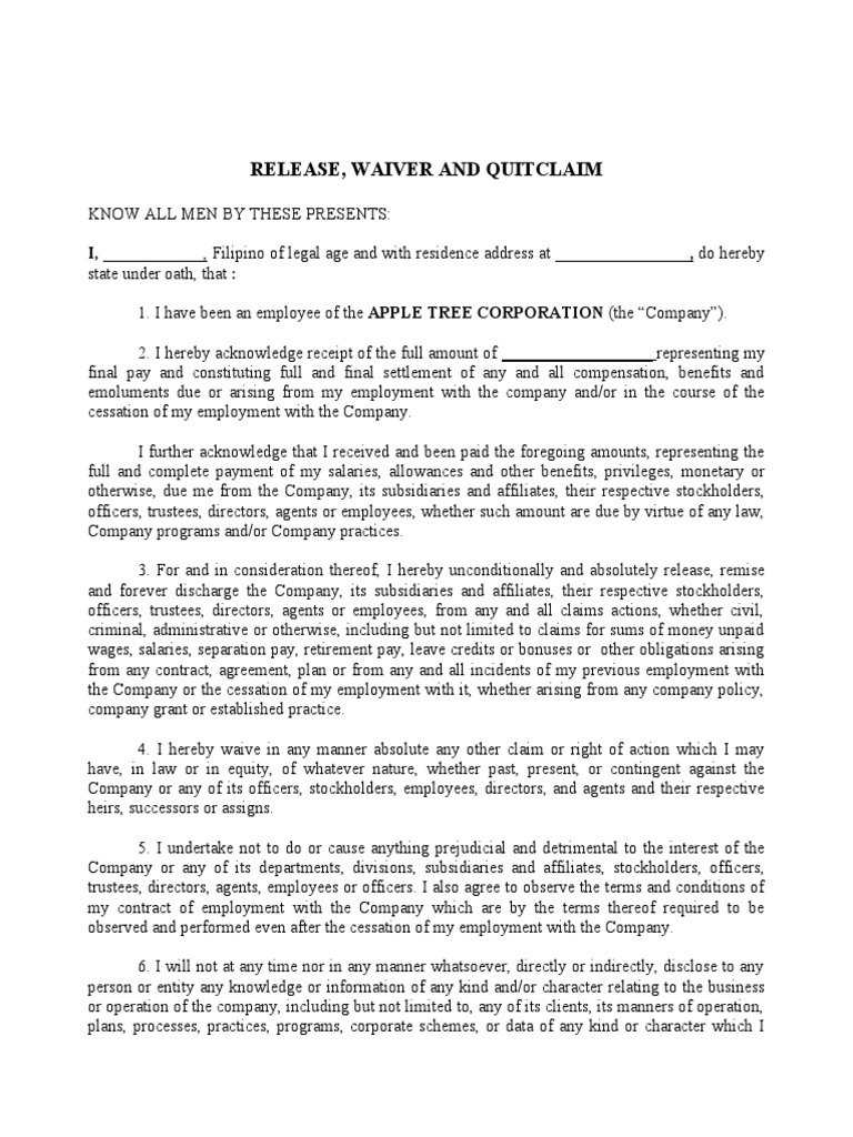 Quitclaim Release Form | Download Free PDF | Employment | Salary