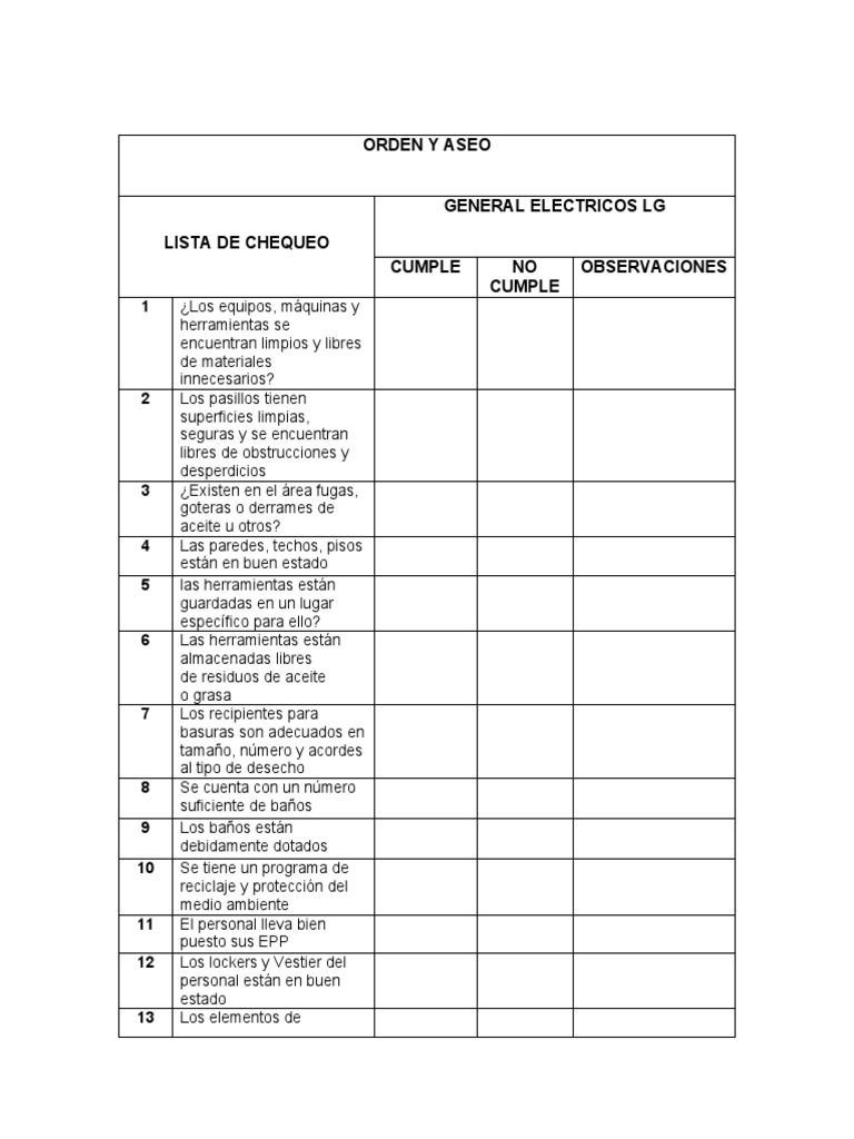 Lista de Chequeo de Orden y Aseo | PDF | Residuos | Higiene