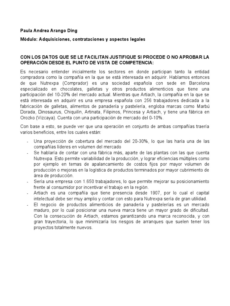 Justificación de Adquisición Nutrexpa-Artiach | PDF | Negocios