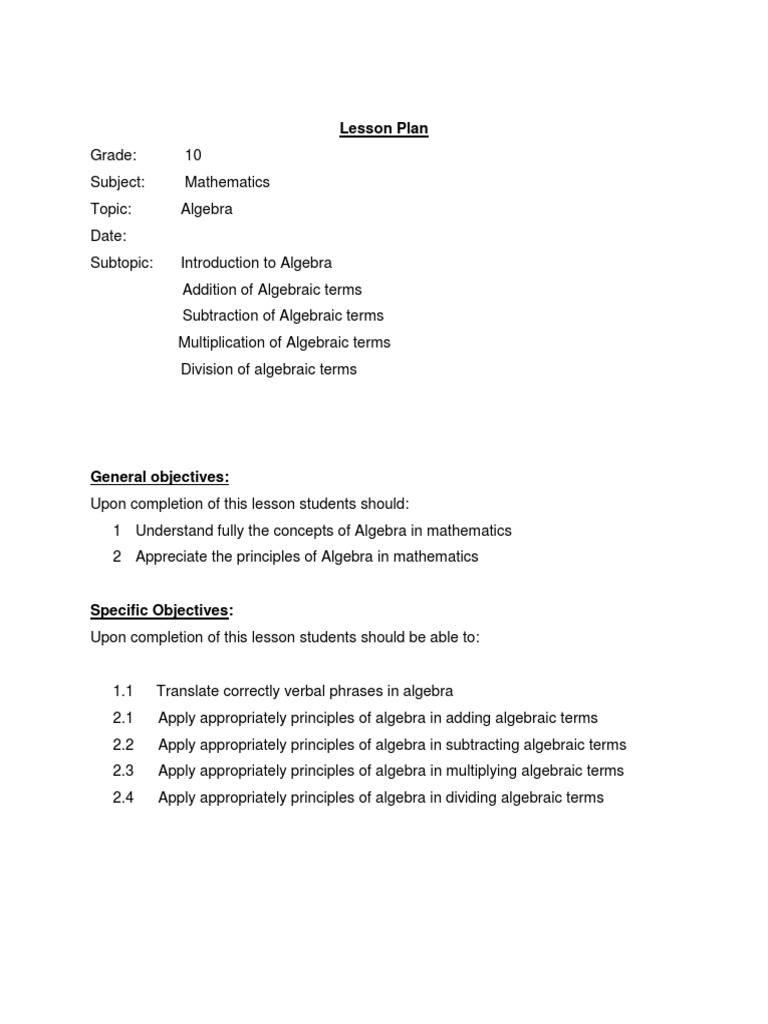 Lesson Plan Algebra | PDF | Algebra | Multiplication