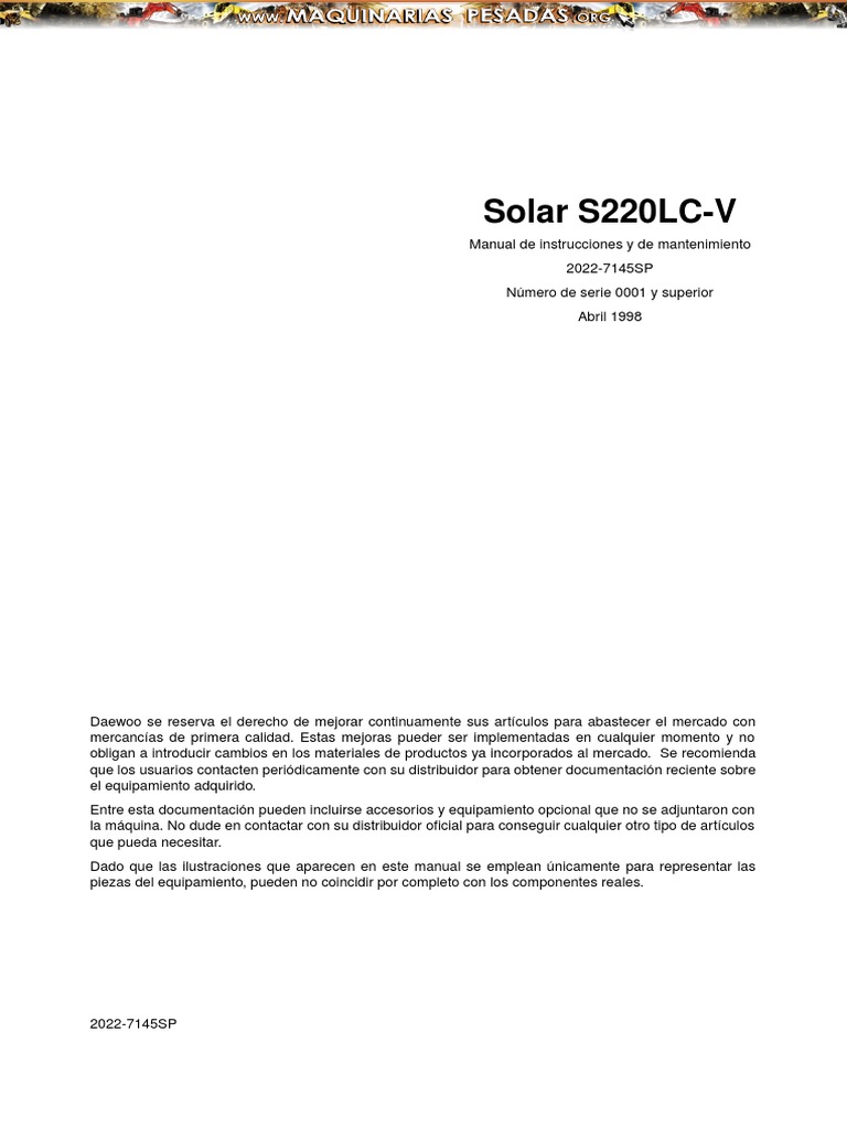 Daewoo Excavator Solar S220LC-V Mantenimiento | PDF