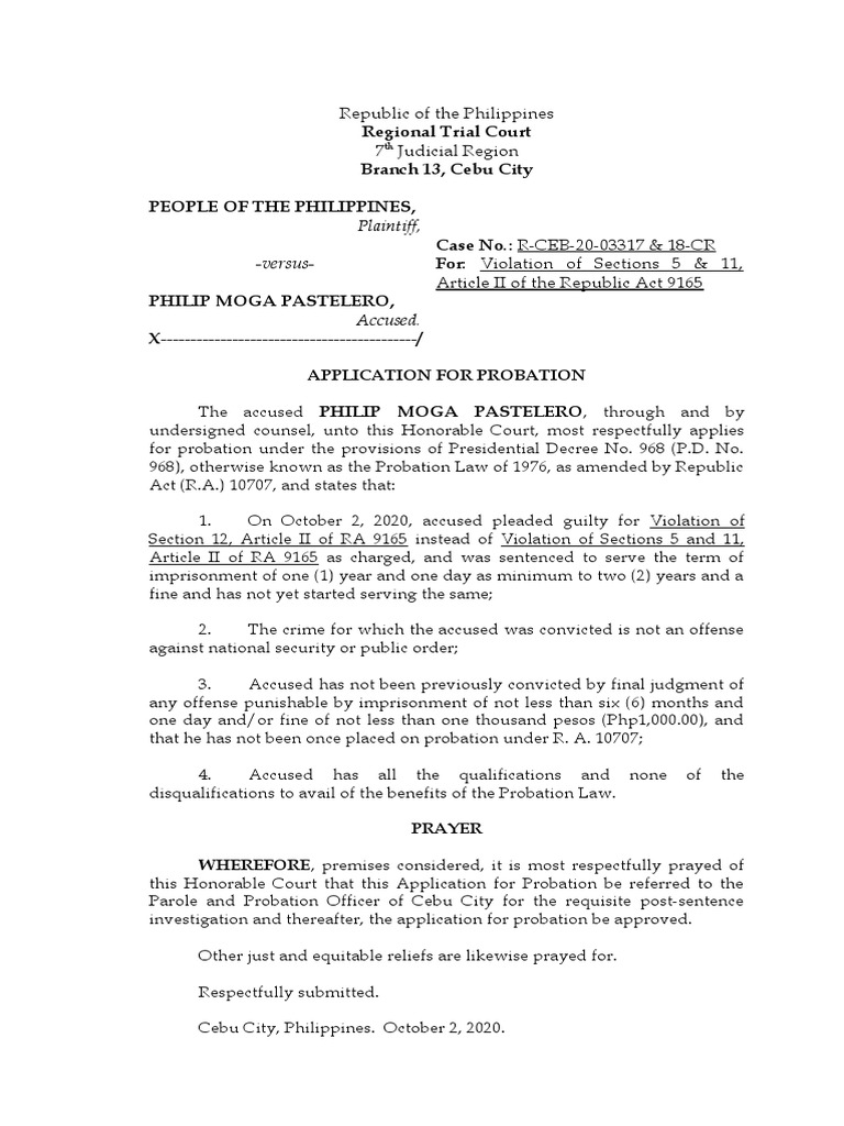 Application For Probation (Pastelero) | PDF | Probation | Crimes