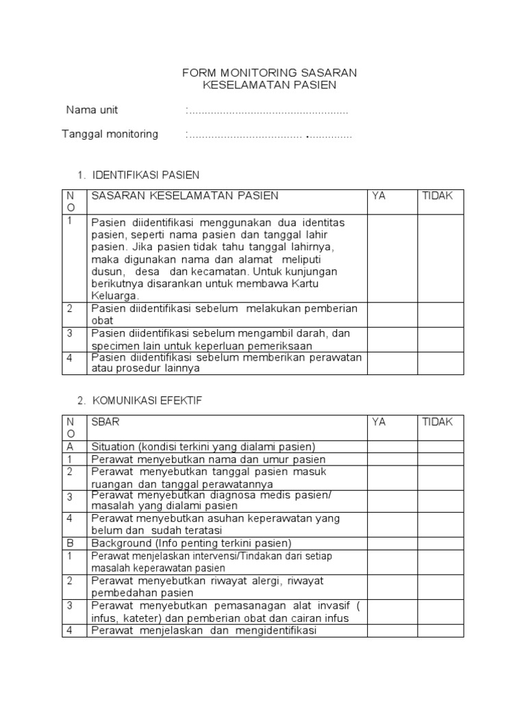 Form Monitoring Sasaran Keselamatan Pasien Jawilan Pdf