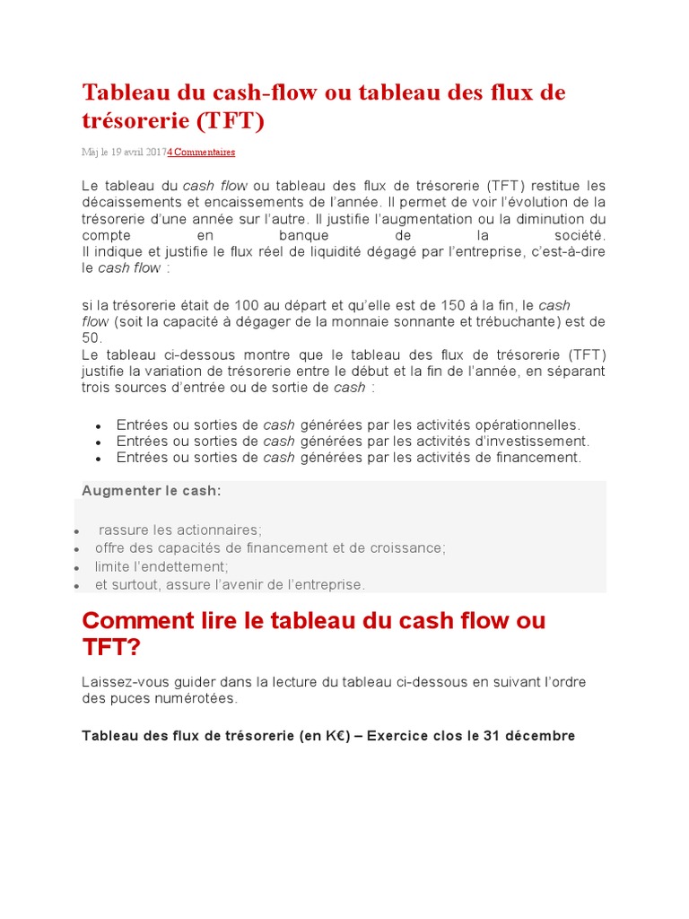Tableau Du Cash-Flow Ou Tableau Des Flux de Trésorerie (TFT) | PDF ...