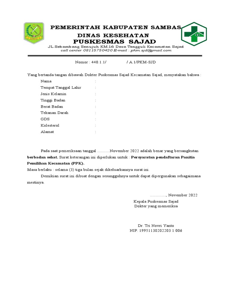 Surat Keterangan Sehat Puskesmas Sajad | PDF