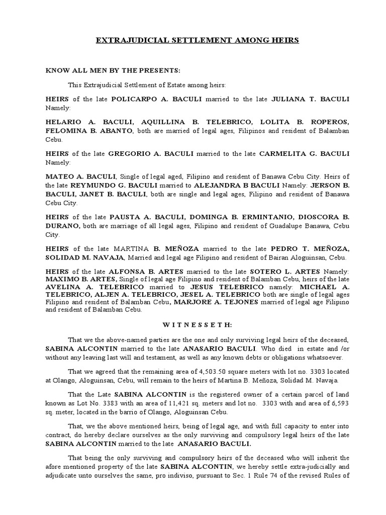 Extrajudicial Settlement Among the Heirs of Sabina Alcontin and ...