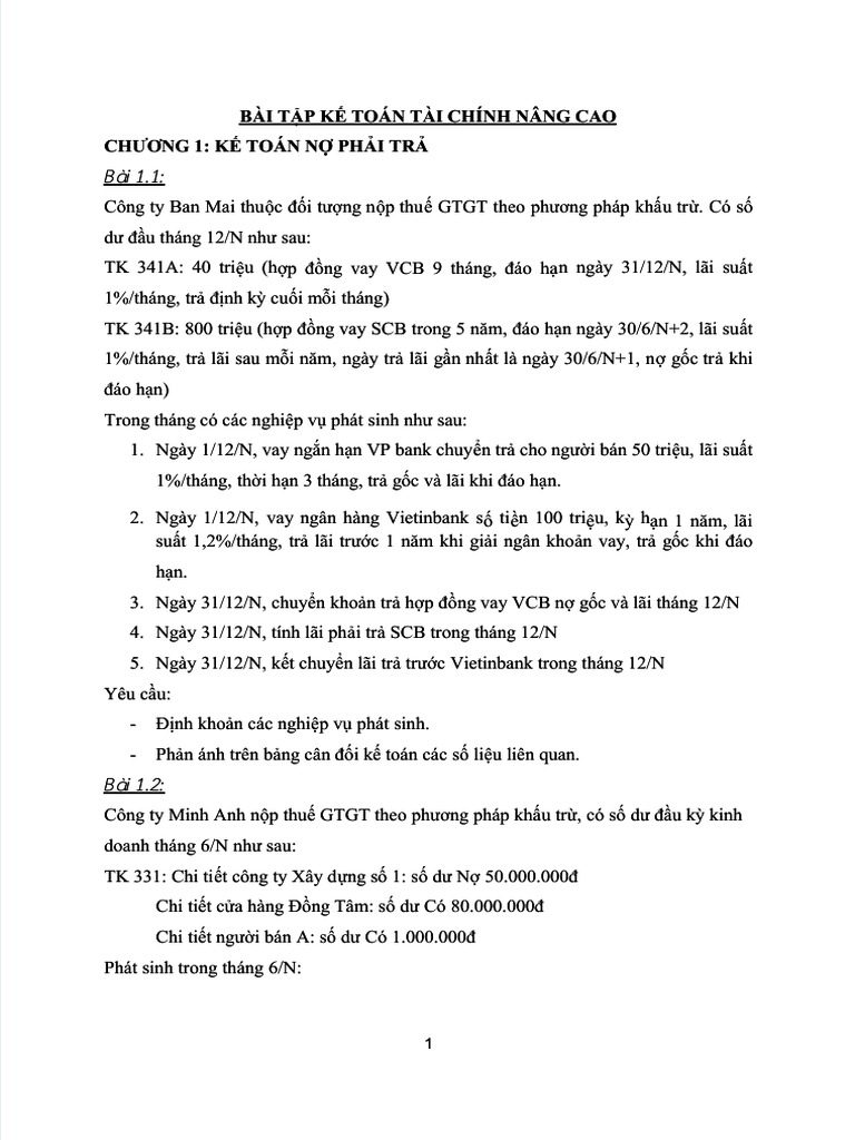 Bài tập KTTC nâng cao | PDF