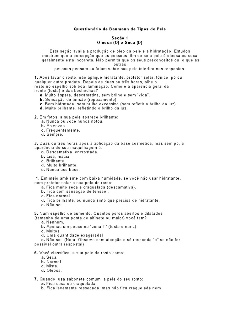 Questionário de Baumann de Tipos de Pele | PDF | Dermatite | Alergia