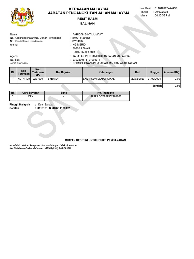 Kerajaan Malaysia Jabatan Pengangkutan Jalan Malaysia: Salinan Resit ...