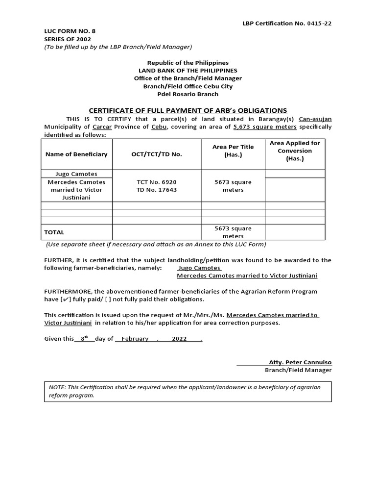 LBP Certification No | PDF | Economies | Private Law