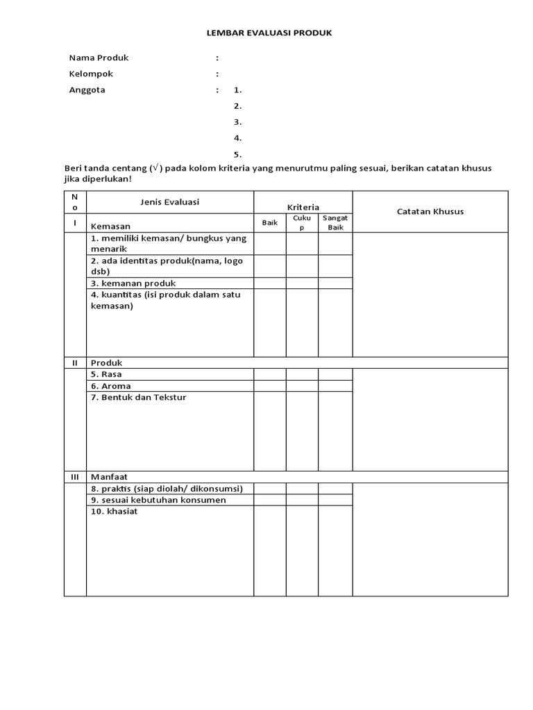 LEMBAR EVALUASI PRODUK | PDF