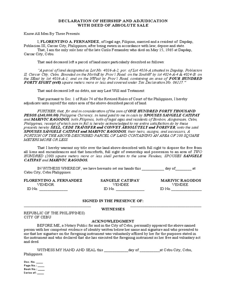 Heirship Declaration and Land Sale Document | PDF | Civil Law (Legal ...