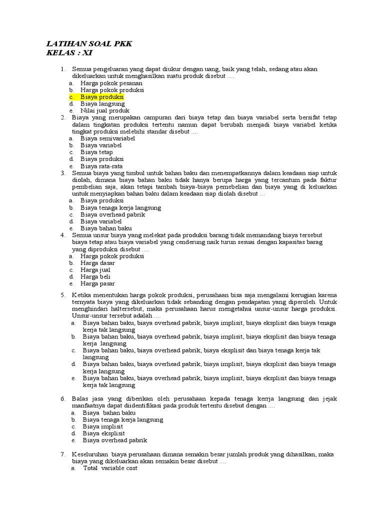 Latihan Soal PKK Kelas: Xi | PDF