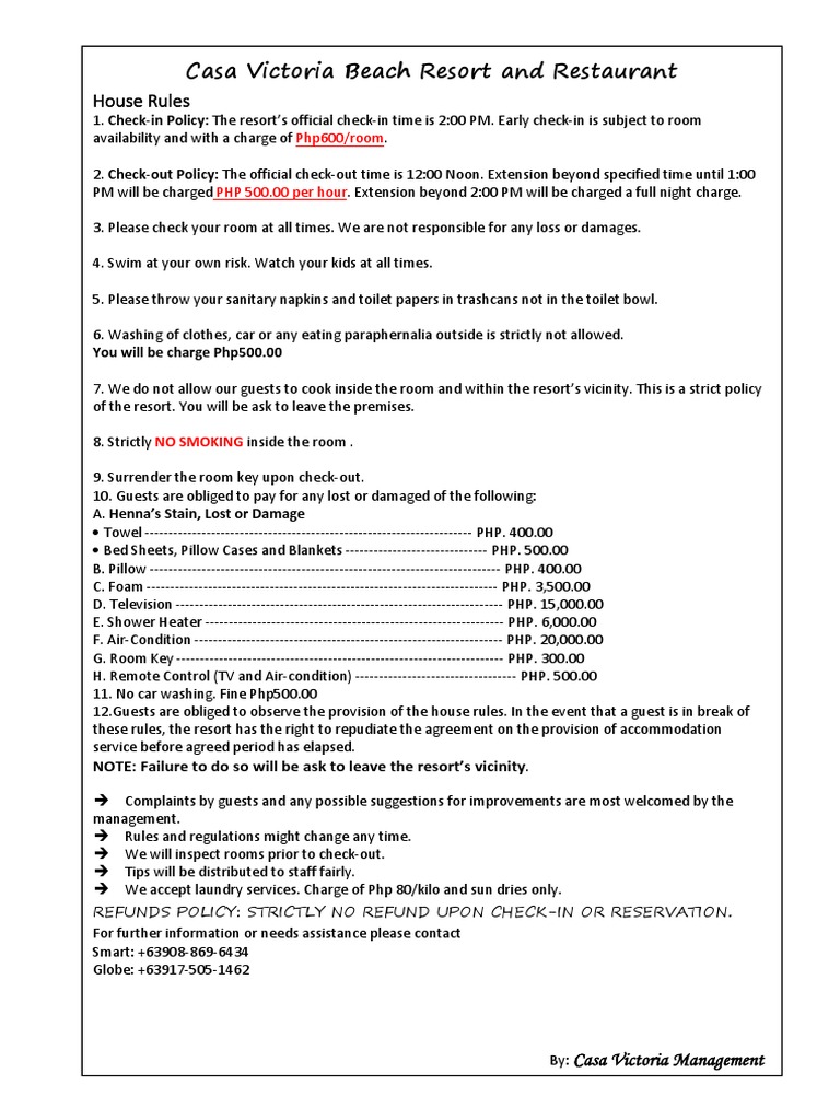 Casa Victoria Beach Resort and Restaurant House Rules: Check-In/Out ...