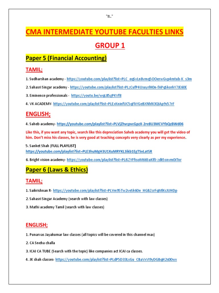 Cma Intermediate Youtube Faculties Links | PDF | Economies | Accounting