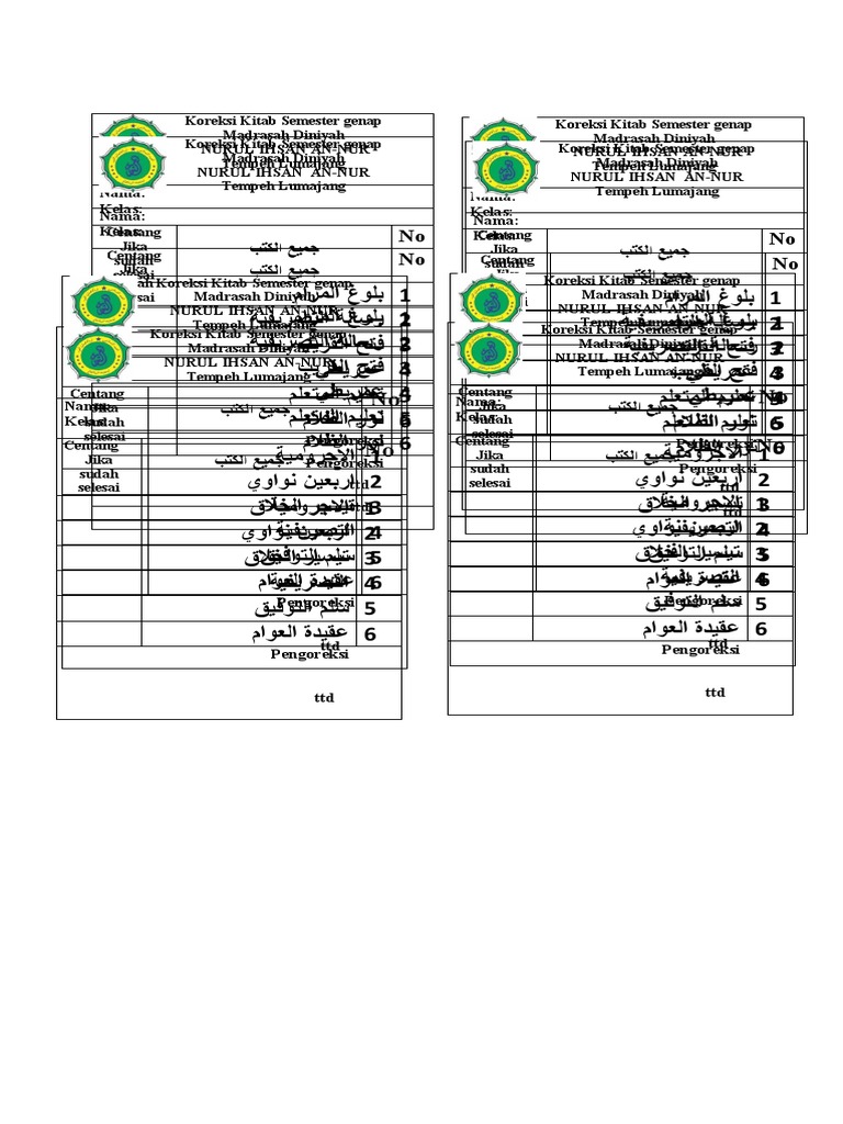 Kartu Koreksi Kitab Semester Ganjil 2023 | PDF