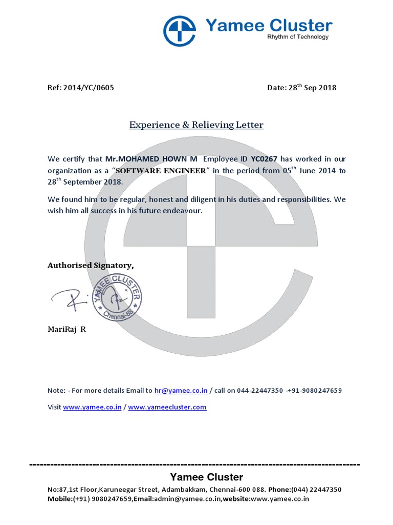 Mohamed Experience Certificate YAMEE CLUSTER | PDF