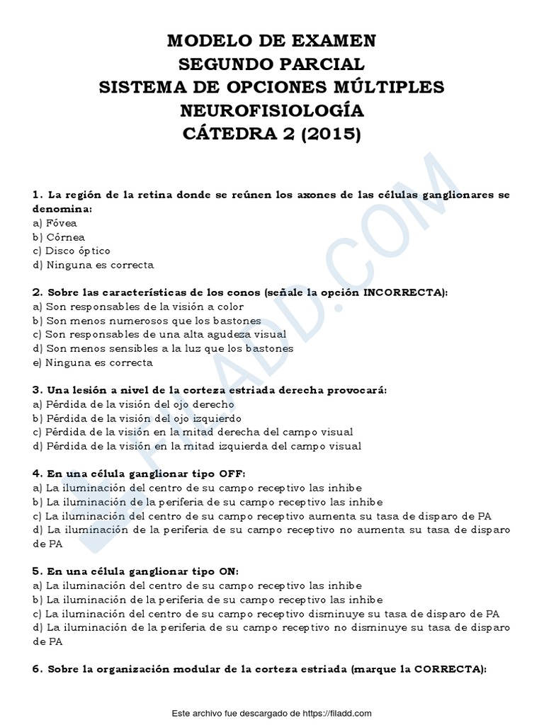 Modelo de Segundo Parcial Multiple Choice Nro 2 Neurofisiologia Catedra ...