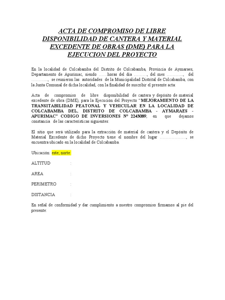 Acta de Material Excedente (Botaderos) Pistas | PDF