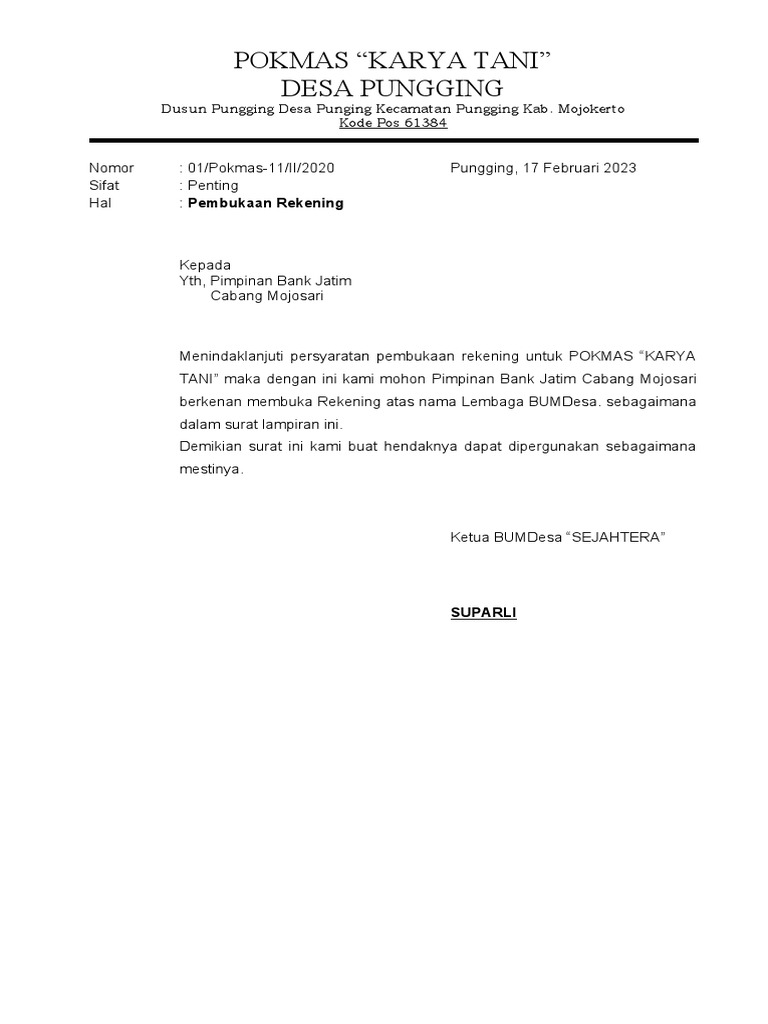 Contoh Surat Permohonan Pembukaan Rekening | PDF