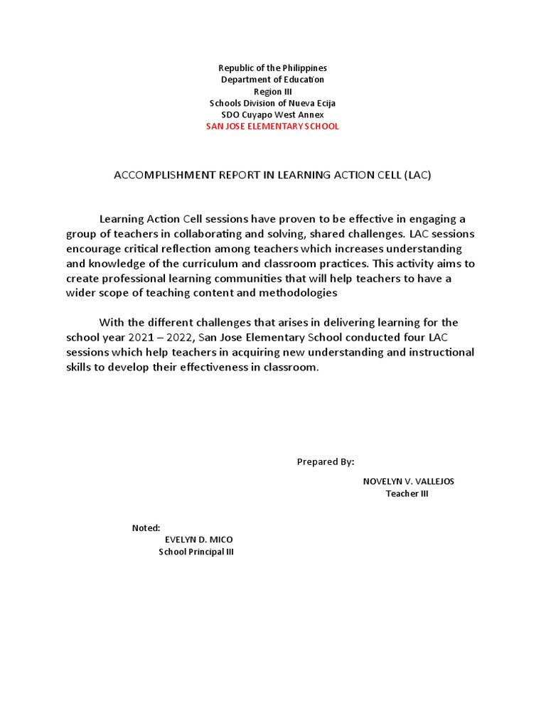 Accomplishment Report in LAC, OK Sa DEPED and Science | PDF | Learning ...