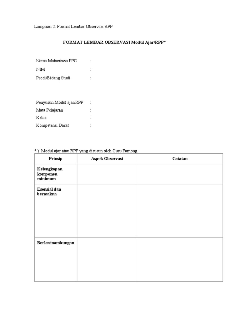 Lampiran 2 - Format Lembar Observasi MODUL AJAR | PDF