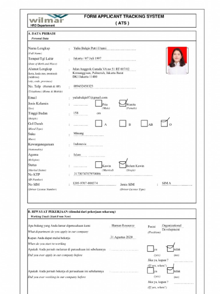 Form ATS (Data Diri Yulia) | PDF