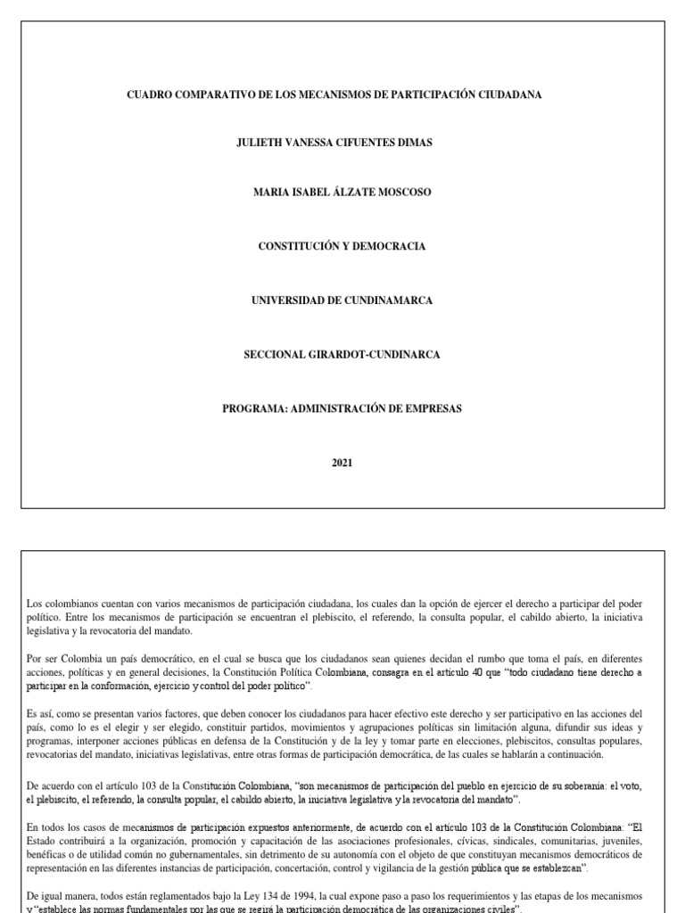 Cuadro Comparativo Mecanismos de Participación Ciudadana (Ley 134 de ...
