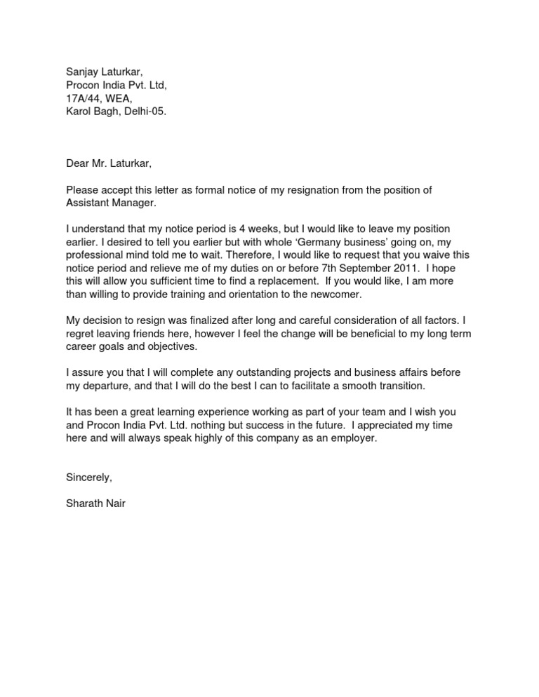 Indian Formal Resignation Letter