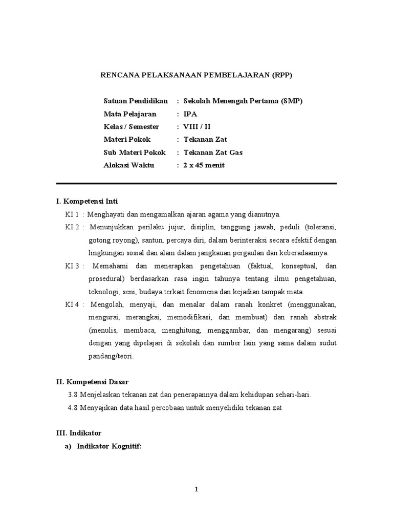 RPP Tekanan Zat Gas | PDF | Sains & Matematika