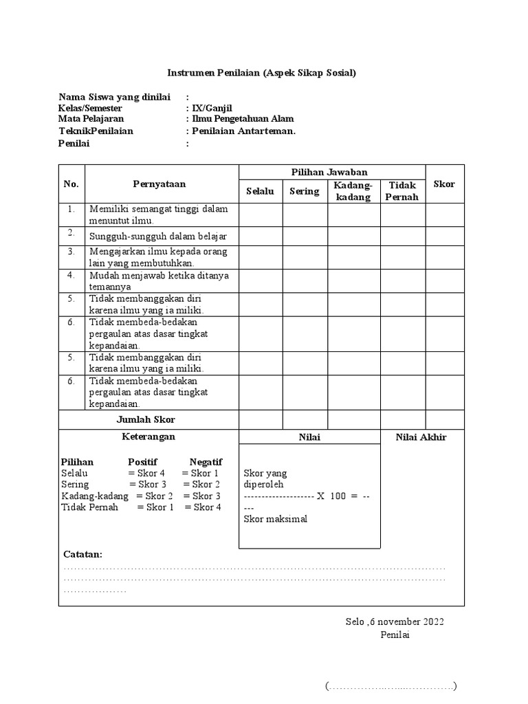 Instrumen Penilaian Aspek Sikap Sosial Pdf 