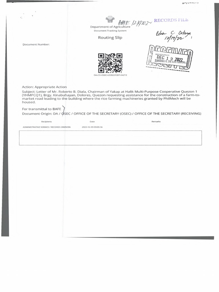 Routing Slip: Document Tracking System | PDF | Food Industry | Agriculture