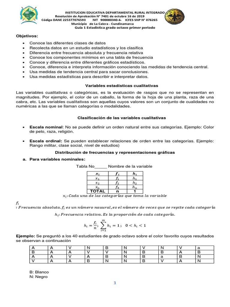 Guía de Estadística 8° Primer Periodo | PDF | Mediana | Estadísticas