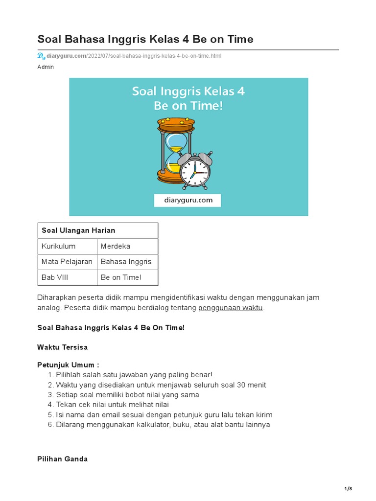 Bahasa Inggris Kelas 4 Tentang Waktu Jam Analog | PDF
